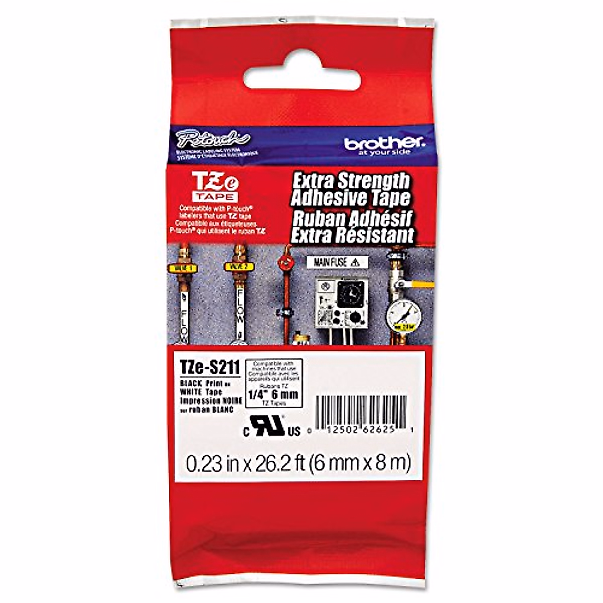 Brother Tzes211 Tze Extra-Strength Adhesive Laminated Labeling Tape, 1/4-Inch W, Black On White