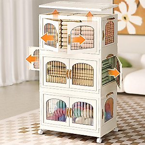 EHAMILY Stackable Storage Bins with 1 Lid Set 3 Tier,19 Gal Clear Plastic Folding Storage Box with Wheel and Door,Large Foldable Cabinet Collapsible Bin for Closet Organizer,Clothes,White