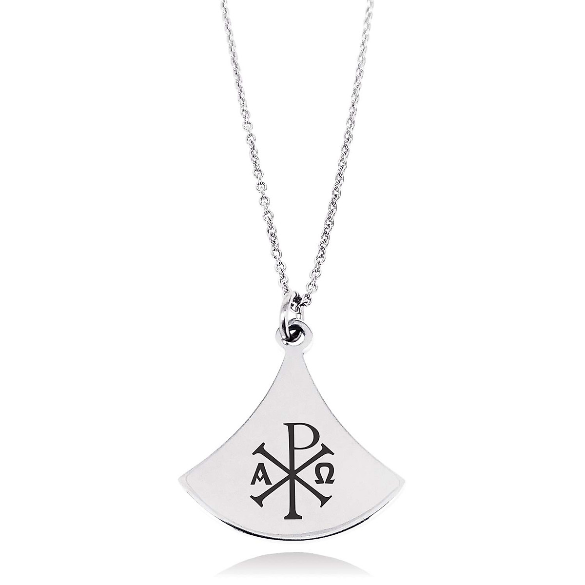 Stainless Steel Chi Rho Alpha Omega Pendulum Curved Triangle Charm Pendant Necklace