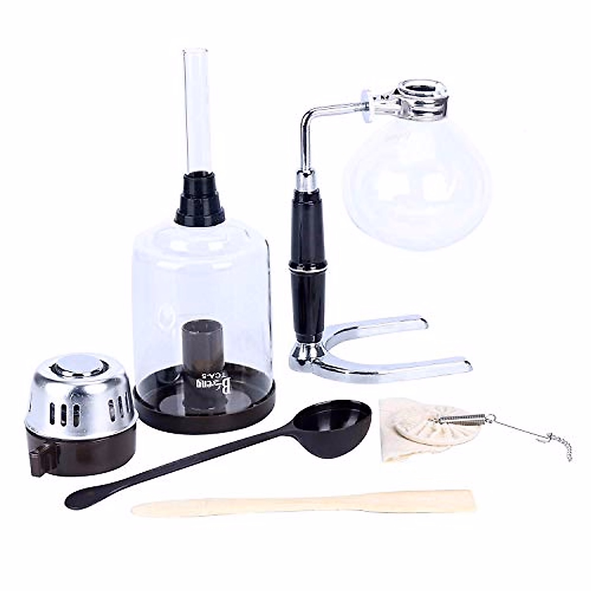 Homend 5 Cup Tabletop Siphon (Syphon) Coffee Maker with Alcohol Burner, Plastic Coffee Powder Spoon, Filter Cloth and Wooden Stirrer