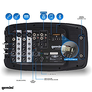 Gemini Sound Professional PA System - Dual 10" Speakers with 600W Amp, Bluetooth, Mixer, USB/SD, Durable Design, Includes 2 Speaker Stands for DJs, Musicians