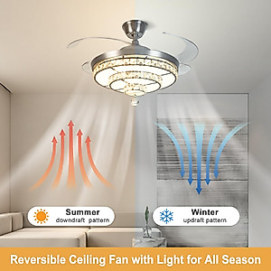 DLLT 42'' Crystal Ceiling Fan with Light, 36W Modern Reversible Ceiling Fan Remote, 3-Blade Retractable LED Fan Chandelier Indoor for Living Room, Bedroom, Dining Room, 3CCT 3000K-6000K, Nickel