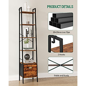 Hzuaneri Narrow Bookshelf Bookcase with Drawer, Ladder Shelf with 2 Hooks, Bookshelves Storage Organizer, Freestanding Display Standing for Home Office, Bedroom, 6 Tier Rustic Brown BC19601B