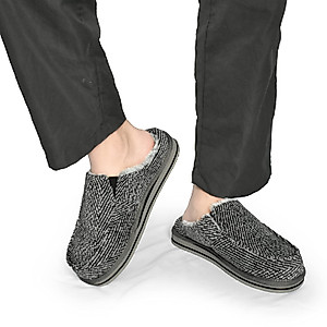 ONCAI Slipper for Men with Arch Support,Cotton-Blend Memory Foam House Slippers for Men Warm Strips Fluff Plush Wool-like Clogs with Rubber Sole Grey Size 10