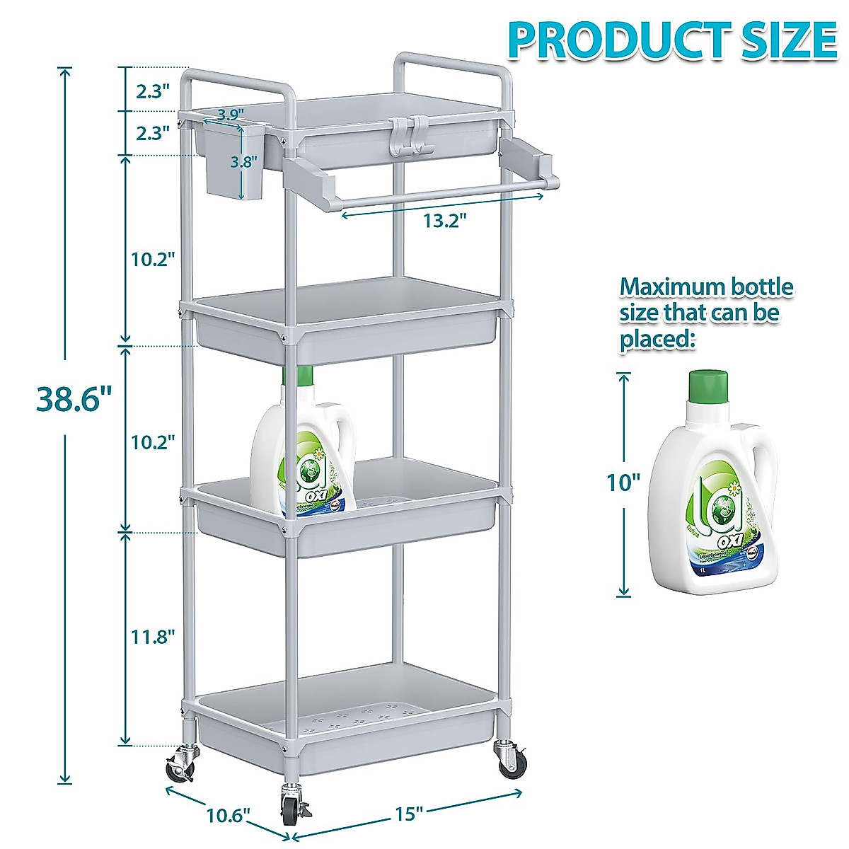 SPACEKEEPER Rolling Storage Cart, 4-Tier Bathroom Organizer Utility Cart Laundry Room Organization Mobile Shelving Unit with Towel Rack, Lockable Wheel, Hooks & Cup for Kitchen Bedroom Office, Grey