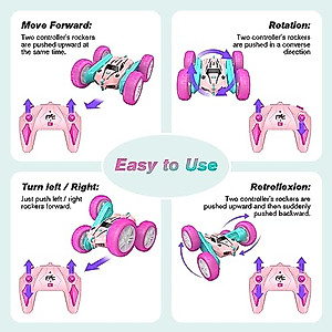 Remote Control Car, Hand Remote RC Cars, 90 Min Playtime, 2.4Ghz Double Sided 360° Rotating RC Crawler with Lights, 4WD Off Road Drift RC Stunt Race Car Gift Toy for Boys and Girls Aged 6-12 Pink