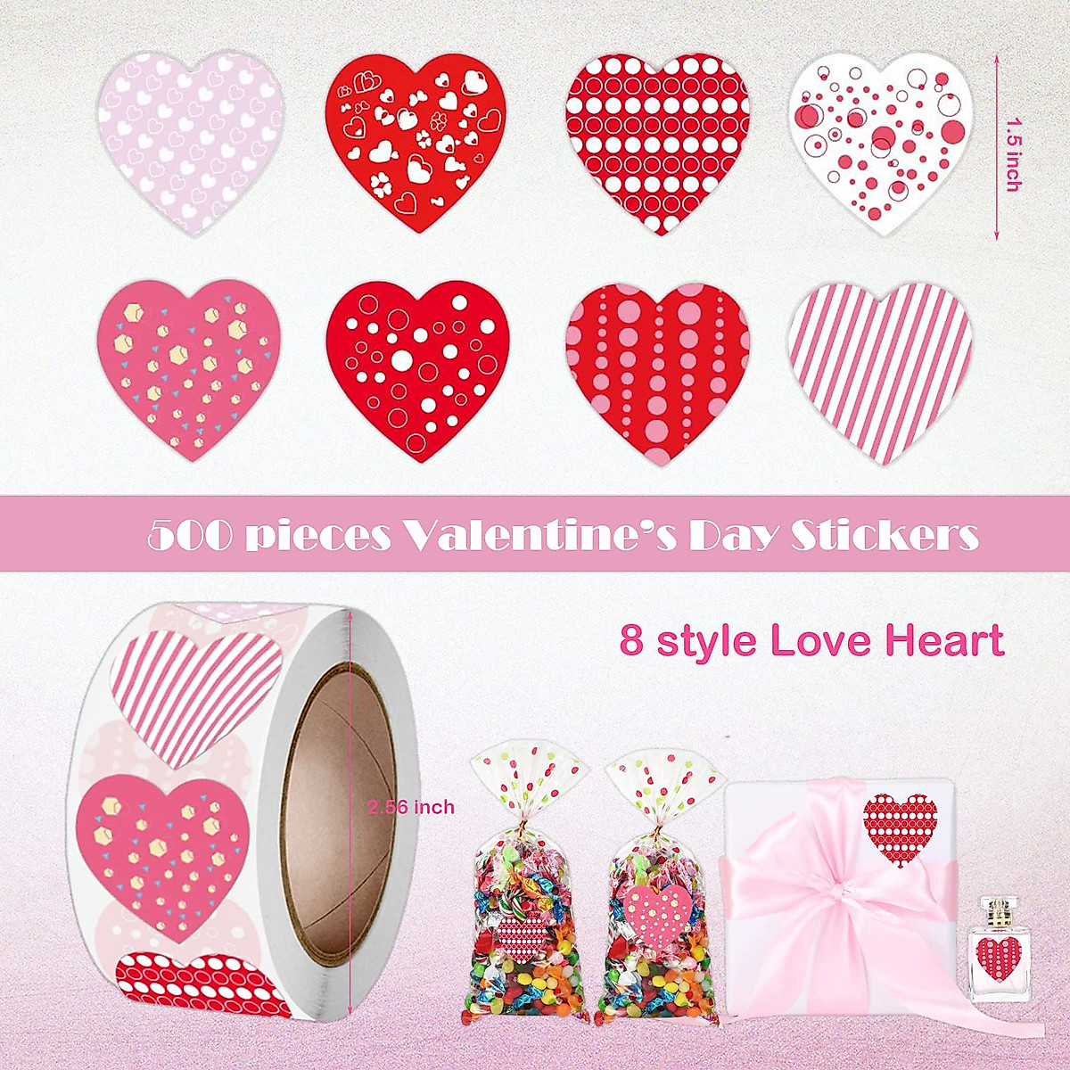 500 Pieces Valentine's Day Heart Stickers- 1.5 in Funky Heart Sticker Self Adhesive Love Heart Stickers for Envelope Valentines Mother's Day Wedding Birthday Party Decoration (8-Style)