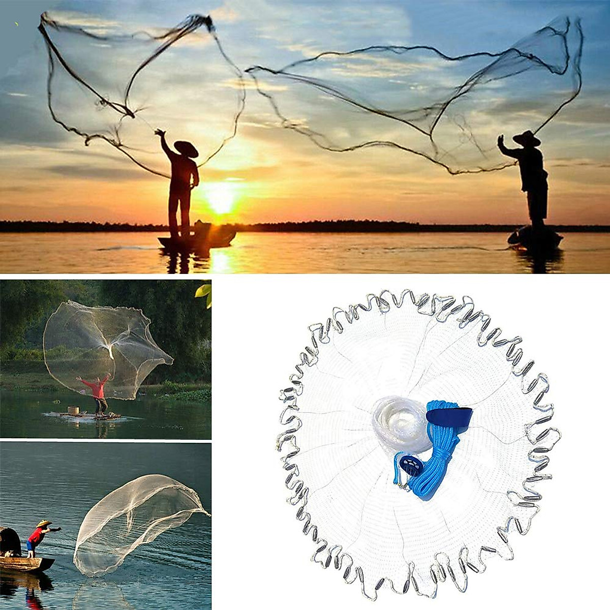 Yeahmart Handmade American Saltwater Fishing Cast Net with Heavy Duty Real Zinc Sinker Weights for Bait Trap Fish 4Ft Radius, 3/8 Inch Mesh Size
