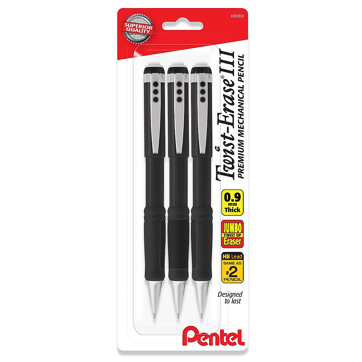 Pentel Mechanical Pencil 0.9 mm Twist Erase III - Twist Up Eraser - Pre-Loaded Super Hi-Polymer HB Lead - Black Barrel - 3-Pack - Thick Point