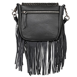 Montana West Handcrafted Leather Convertible Clutch Crossbody Handbag Biker Bag w Fringe (Black Studded w Buckle)