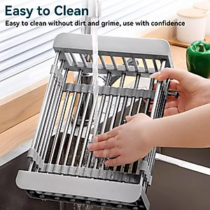 Over The Sink Dish Drying Rack, Retractable Stainless Steel Sink Strainer Telescopic Drain Basket Kitchen Rack Drain Basket Sink Organizer for Vegetable and Fruit(L-Gray)