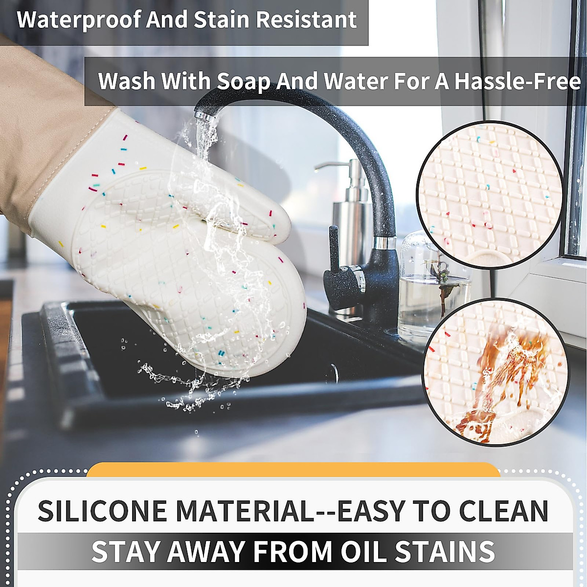 Dorkuova Oven Glove Cute,Cooking Mittens,Oven Mittens for Kitchen,Oven Gloves for Kitchen,Non-Slip Grip,Washable Silicone Oven Mitts Heat Resistant 500°F, Cooking Baking(Cream