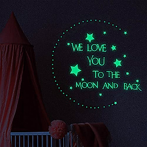 Nursery Wall Decals Glowing Words Stickers - WE Love You to The Moon and Back - Words Glow in The Dark with Stars Around Wallpaper for Kids Bedroom Ceiling