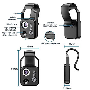 200X Phone Mini Pocket Microscope with LED Light/Universal Clip, Portable Digital Microscope Camera Attachments for 99% Smartphone, Microworld for Kids Adults (Black, 200X with CPL)