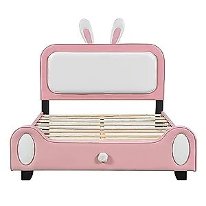 CJLMN Upholstered Rabbit Shaped Princess Bed Pink Platform Bed, Full Size Wood Bed Frame with Bunny Ears Headboard and Bunny Tail Footboard, Kids Bedroom Furniture Fun Cute Rabbit Bed
