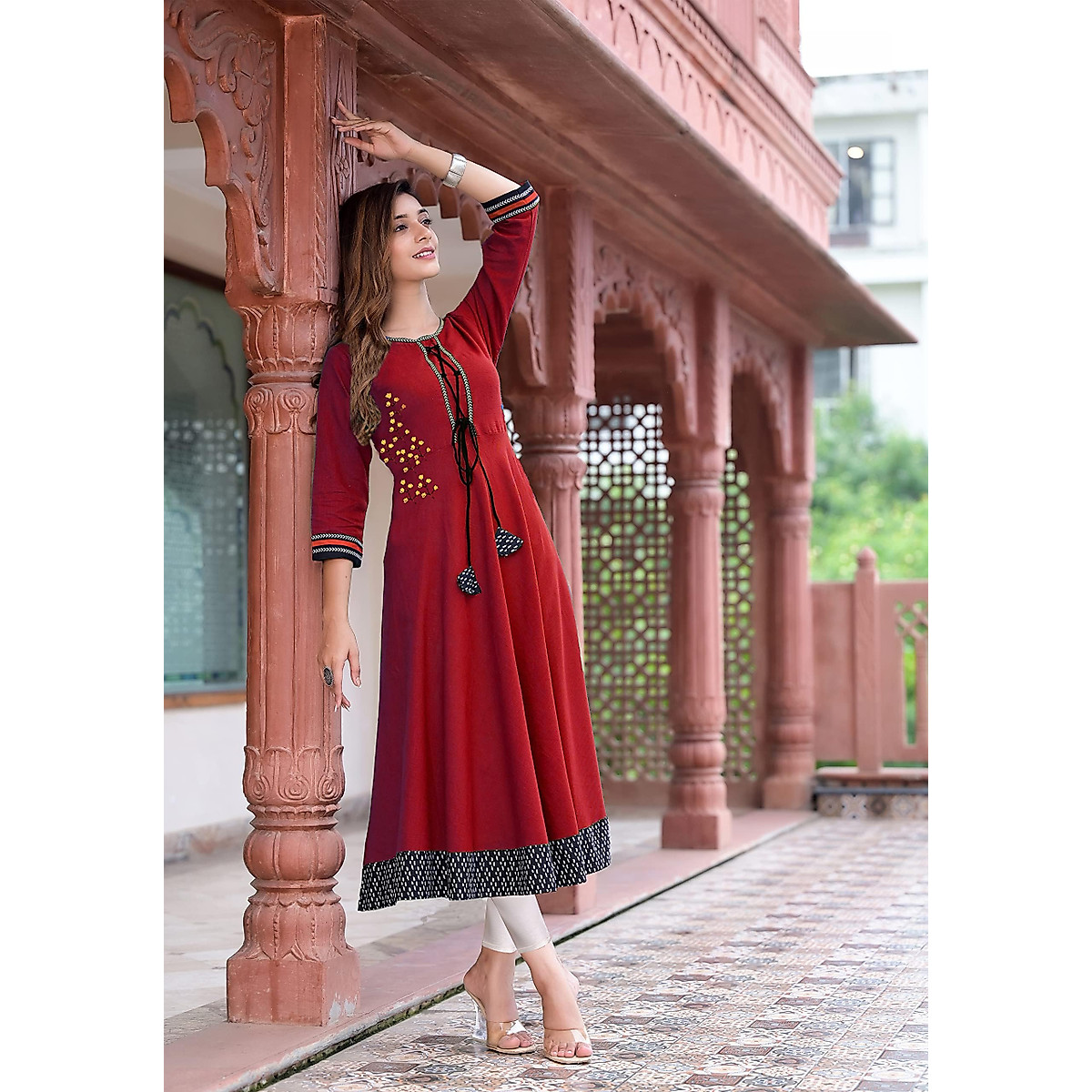 Yash Gallery Women's Cotton Slub Embroidered 3/4 Sleeve Round Neck Anarkali Kurtis (US, Alpha, Large, Regular, Regular, Maroon)