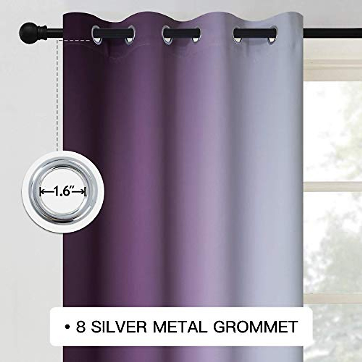 COSVIYA Grommet Ombre Room Darkening Curtains 63 inch Length, Purple and Greyish White Gradient Drapes Light Blocking Insulated Thermal Window Curtains for Bedroom/Living Room,2 Panels,52x63 inches