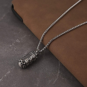 HZMAN Tibetan Buddhism Meditation Stainless Steel Pendant Commemorative Cremation Ashes Pill Cylinder Container Necklace 22+2 Inch Chain (cylindrical)
