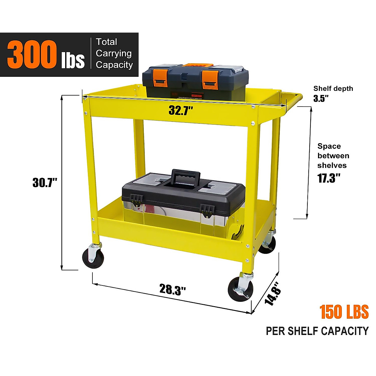 Generic 2 Tier Utility Service Cart 300 lbs, Steel Rolling Tool Cart on Wheels,Load Capacity for Mechanic Garage Warehouse Workshop & Repair Shop,Yellow