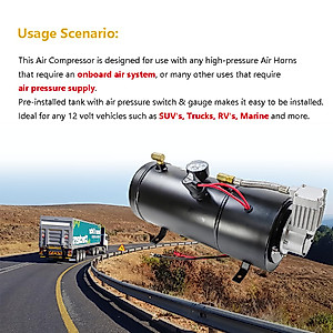 DC 12V MAX 150PSI Air Compressor with 3 Liter Tank 0.8 Gallon | Fit for Train Truck Horns Motorhome Tires | Inflator Air Compressor with 3L Tank Train Air Horn Kit