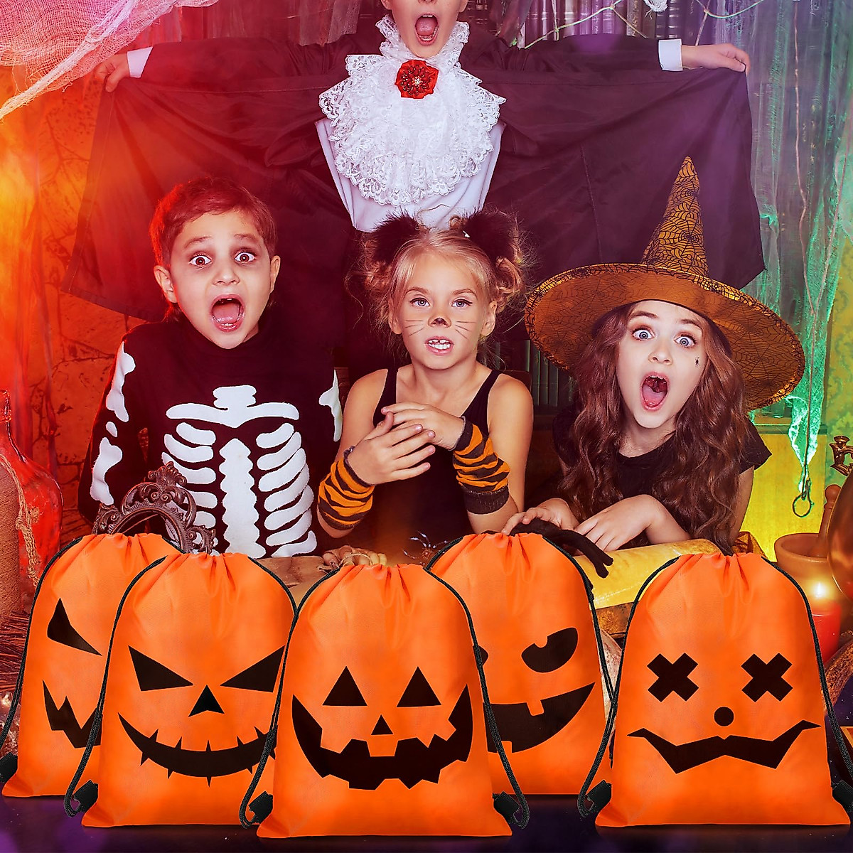 Sweetude 24 Pcs Halloween Drawstring Bags Large Backpack 16.1 x 12.6 Inch Candy Goodie Bags for Party Gift Supplies (Orange)