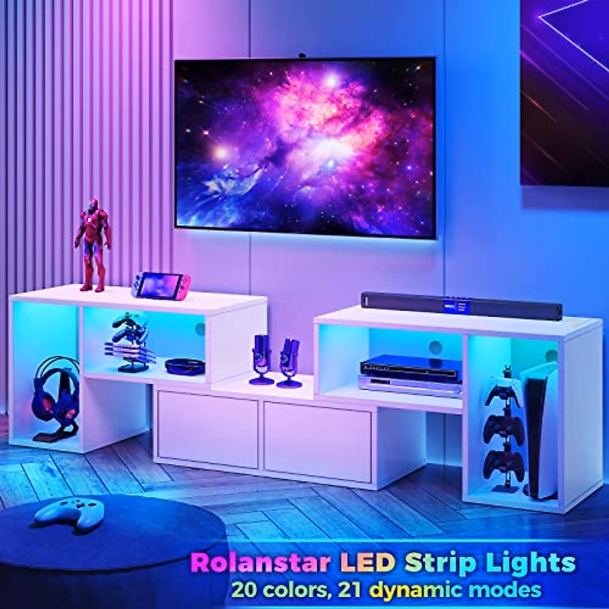 Rolanstar TV Stand, Deformable TV Stand with Power Outlets & LED Strip, Modern Entertainment Center for 45/50/55/60/65/70 inch TVs, 3 Pieces TV Stand with Open Storage and 2 Storage Cabinet, White