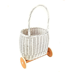 WIKLIBOX Rattan Pully Toy Basket - Handcrafted European Wicker Luggy Toy Storage - Natural, Durable & Stylish Organizer - Perfect for Kids' Rooms, Nurseries & Playrooms | Pink with Pom Poms