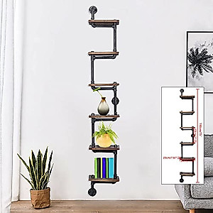 6-Tiers Rustic Floating Wood Shelves Industrial Rustic Iron Pipe, Industrial Bookshelf Modern Ladder Shelf, Vintage Metal Pipes and Wood Shelves, Rustic Display Bookshelf for Storage Collection