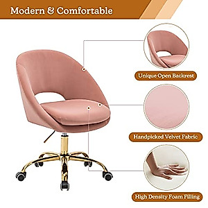 TINA'S HOME Modern Velvet Office Chair with with Adjustable Swivel, Comfy Upholstered Desk Chair with Open Back, Small Cute Chair for Living Room Study Vanity, Pink