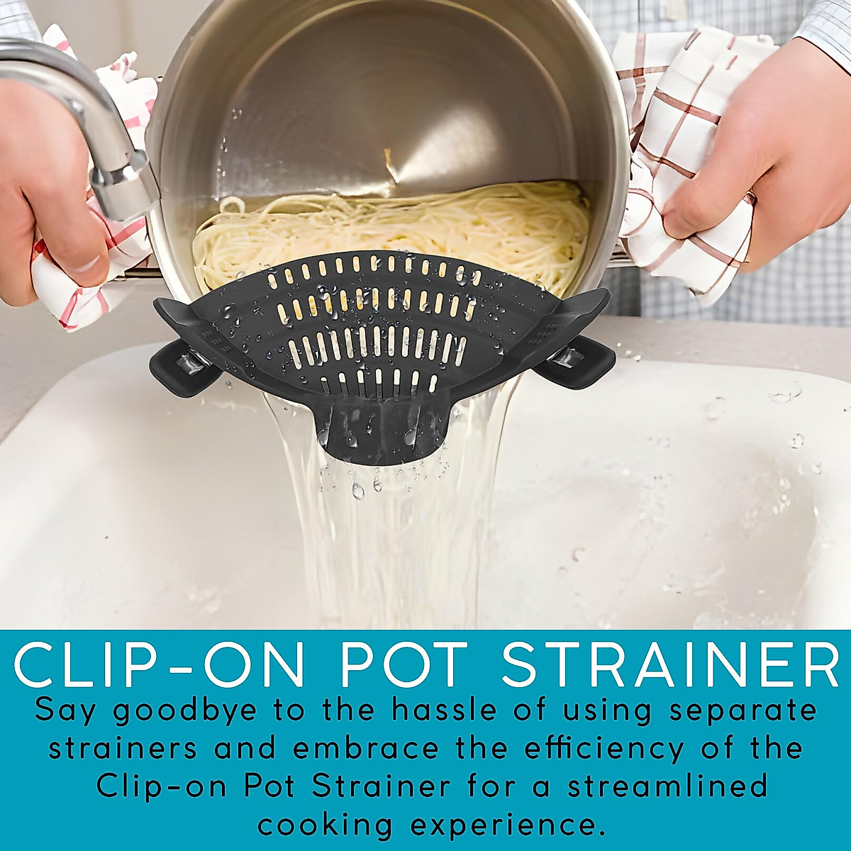 GottaHaveit | Clip On Strainer – Snap On Pot Drainer for Pan and Pots, Essential Home Cooking Tool. Black