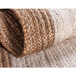 Unique Loom Braided Jute Collection Classic Quality Made Natural Hand Woven with Solid Color Detail, Area Rug, Rectangular 5' 0" x 8' 0", White/Beige