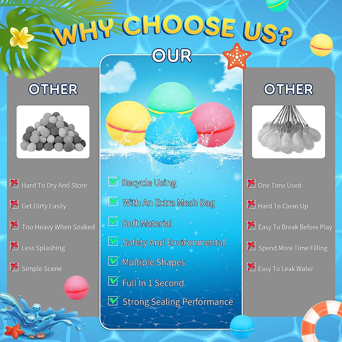 Reusable Water Balloons Refillable Water Bomb, Soft Silicone Water Balls with Mesh Bag, Quick Fill & Self-Sealing Water Balloons for Water Fight Games, Outdoor Water Toys for Kids Adults,8pcs