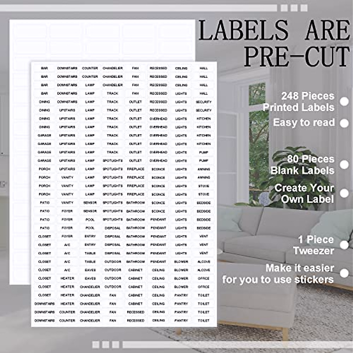 328 Pieces Light Switch Label Sticker Clear Transparent with Text, Waterproof Switch Panel Labels for Home Kitchen Bathroom Office School, Include Blank Labels and Tweezer