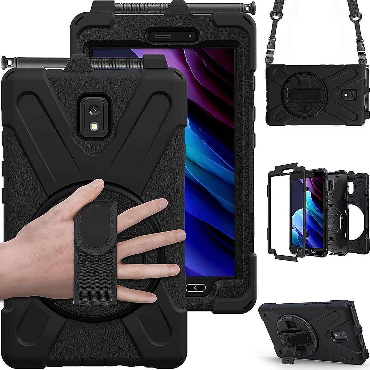 DreamerX for Samsung Galaxy Tab Active 3/Active5 8.0 Case, Hybrid Shockproof Rugged Drop Protective Case with Stand Handle Hand/Shoulder Strap for Galaxy Tab Active5 8" 2024, Active3 8" 2020, Black