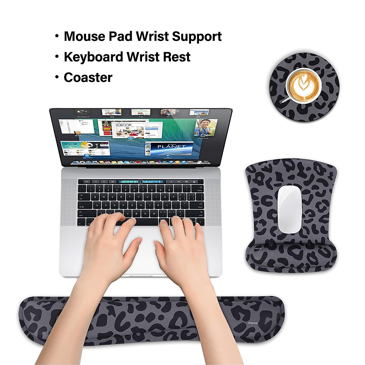 MOSISO Leopard Grain Wrist Rest Support for Mouse Pad&Keyboard Set&Laptop Shoulder Bag Compatible with MacBook Air 15/Pro 16/Pro 15,15-15.6 inch Notebook,Leopard Grain Briefcase Sleeve with Belt,Black