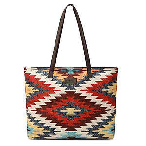 Wrangler Tote Purse Bag Aztec Canvas Shoulder Bags Native American Western Handbags for Women Genuine Leather Strap Hobo Bag WG53-8112MUTI