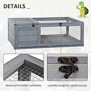 PawHut Wooden Tortoise House Indoor Turtle Habitat Enclosure Outdoor Reptile Cage for Lizards, Geckos, Gray
