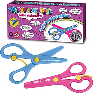 Left Handed Kids Scissors / School Scissors, Preschool and Kindergarten Use - Plastic Blunt Tipped Kid and Toddler Safety Craft Scissors for Left Handed Cutting - Pink and Blue Kid Scissors Pack