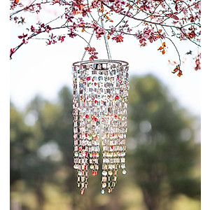 Wind & Weather Concentric Rings Silver and Multi-Colored Mirrored Outdoor Chandelier with Solar Lights Powered by Discreet Solar Panel in Top with Hanging Chain Included, 8½" Dia. x 29" H, Chain 9¼"L