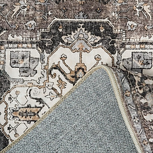 Washable Living Room Runner Rug - 8x10 Large Bedroom Rug Distressed Oriental Non-Slip Non-Shedding Print Floor Carpet for Dining Room Kitchen (Beige, 8 x 10)