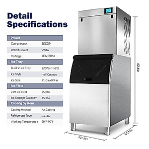 22" Commercial Ice Maker Machine 600LBS/24H with 350LBS Storage Bin, 990W SECOP Compressor, 220 Half Cube Ice Ready in 8-15 min, Air Cooled, Industrial Ice Machine for Business
