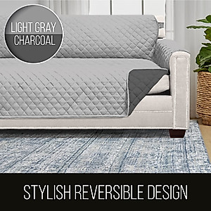 Sofa Shield Loveseat Slip Cover with Patented Strap, Cushion Protector, Reversible Stain, Dog Tear Resistant Slipcover, Quilted Microfiber 54” Seat, Washable Covers, Dogs Pets Kids Light Gray Charcoal