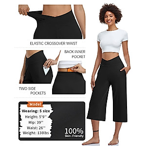 TARSE Womens Casual Wide Leg Yoga Capris Plus Size Crossover High Waist Capri Pants Loose Soft Pajama Pockets Sweatpants(Black,XXXL 3XL)