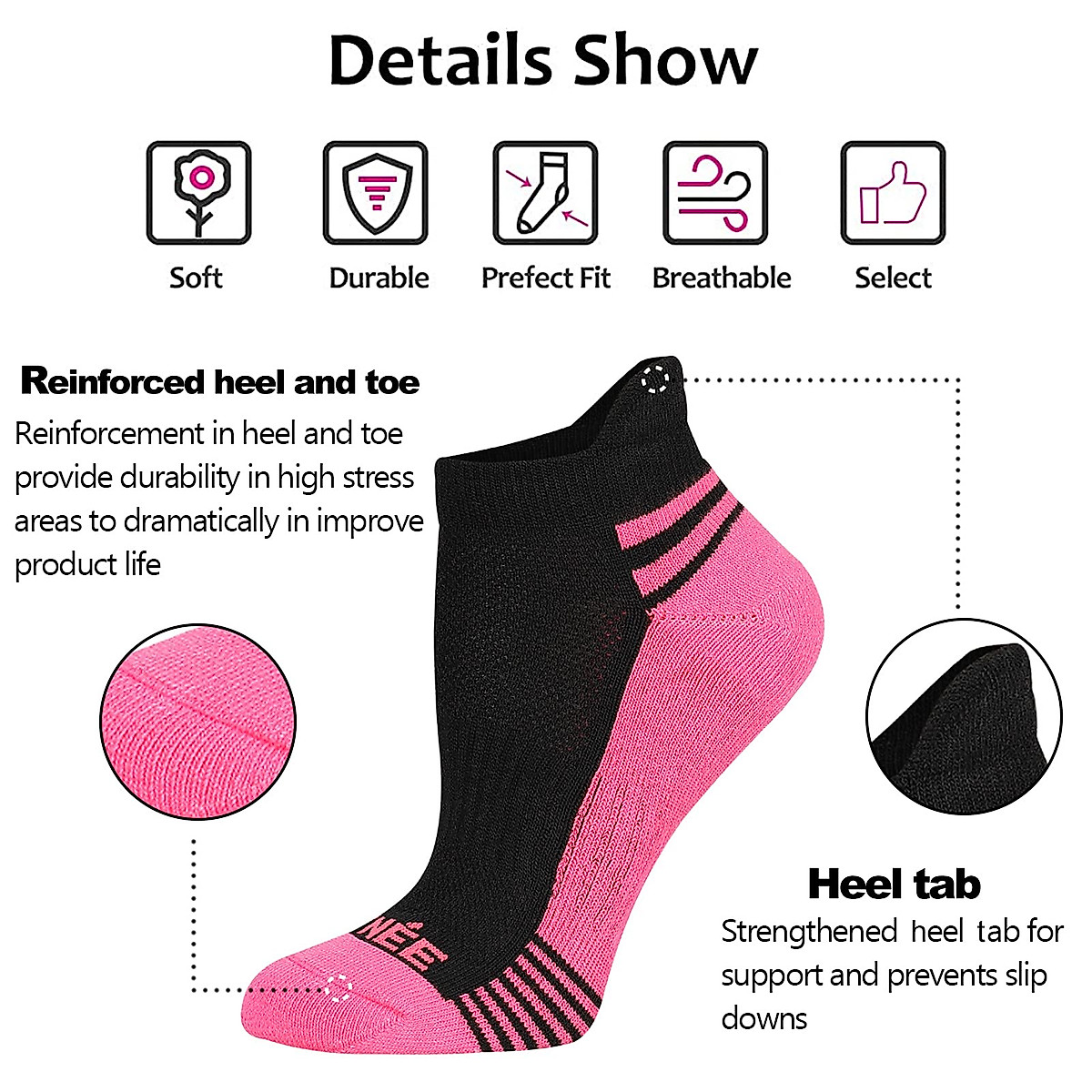 JOYNÉE Womens Low Cut Athletic Socks Heel Tab Colorful Cushioning Ankle Casual Socks 6 Pairs, Black, Size 9-11