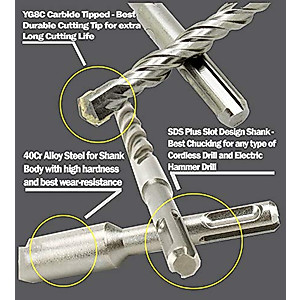 SDS Plus Hammer Drill Bit Set 1/4 in. x 6 in. Masonry Concrete Rock Drill-10Pcs