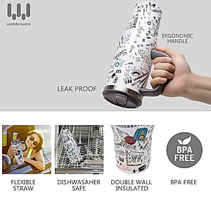 40 oz Insulated Tumbler with Handle, Stainless Steel Straw and silicone sleeves, Leakproof Travel Mug for Water, Iced Tea or Coffee, Insulated Cup Gifts for Women & Men, Music Pattern