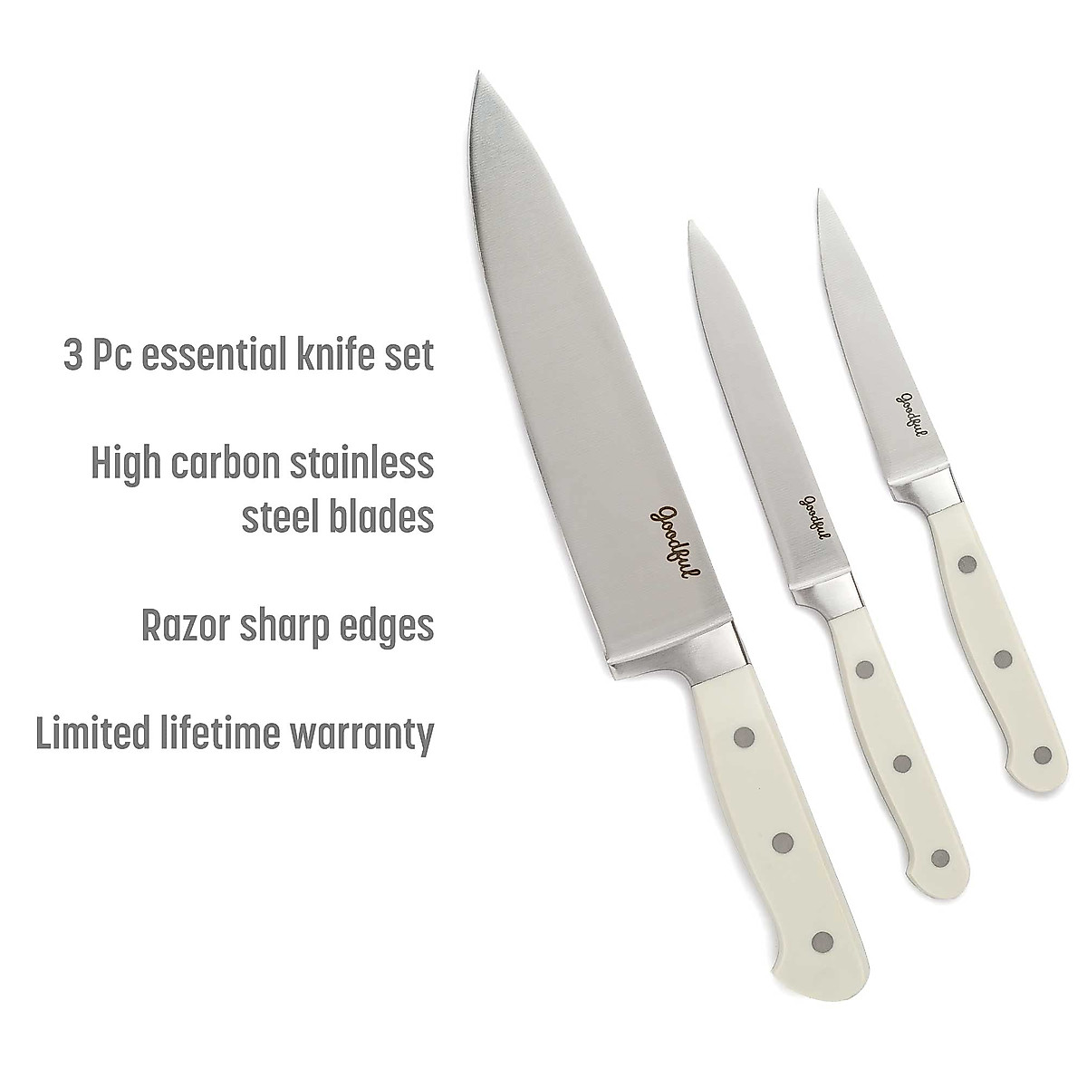Goodful Premium Cutlery Kitchen Essential Knife Set, High Carbon Stainless Steel Blades Cutlery, Full Tang, Triple Riveted Handles, 3-Piece, Cream