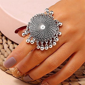 Dtja Boho Big Teardrop Statement Ring for Women Vintage Tassel Ball Bead Adjustable Open Band Cocktail Party Ring Comfort Fit Gypsy Indian Bollywood Peacock Tail Exaggerated Jewelry (Silver)