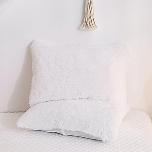 HAIHUA White Faux Fur Comforter Cover Queen Size - Fluffy Luxury Ultra Soft Plush Comforter 3 Pieces (1 Shaggy Duvet Cover + 2 Pillow Shams) Faux Fur Fuzzy Bedding Set (White, Queen)