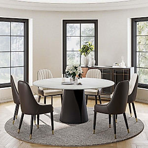 POVISON Round Dining Table for 4-6, Modern Dining Table Round 51" Matte Sintered Stone Tabletop with Solid Black Carbon Steel Pedestal, Circle Dining Table for Dining Room (Dining Table Only)